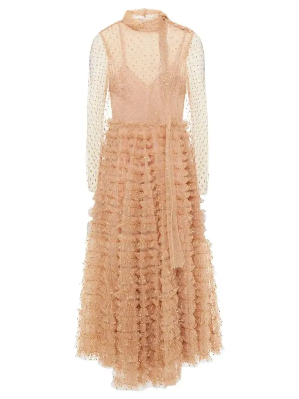 Red Valentino Tie-neck Ruffled Glittered Tulle Midi Dress - Neutral