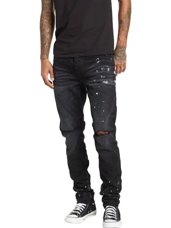 PURPLE BRAND Paint Splatter Ripped Knee Skinny Jeans - Black Resin Knee Slit122