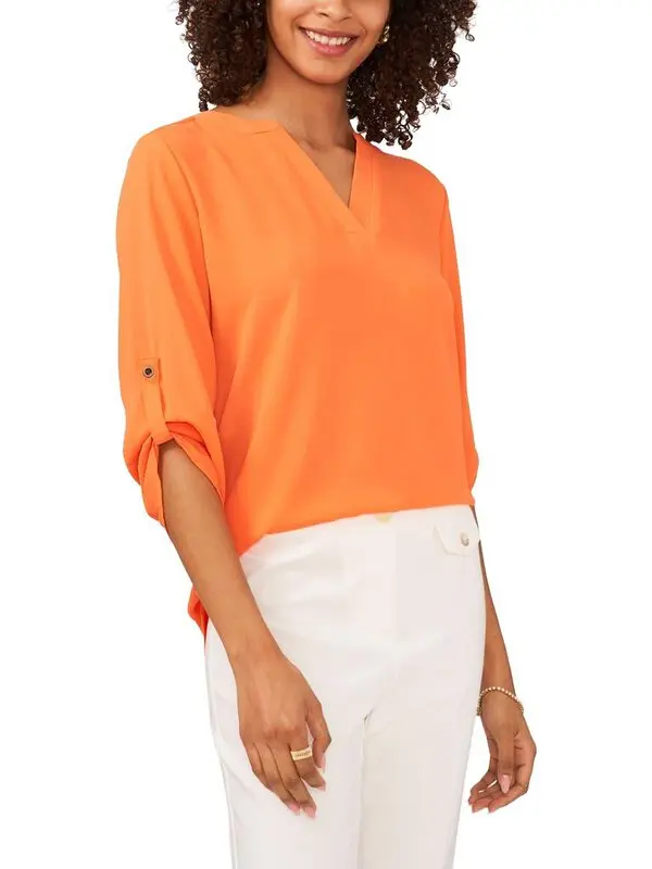 Chaus Split Neck Blouse - Hot Coral