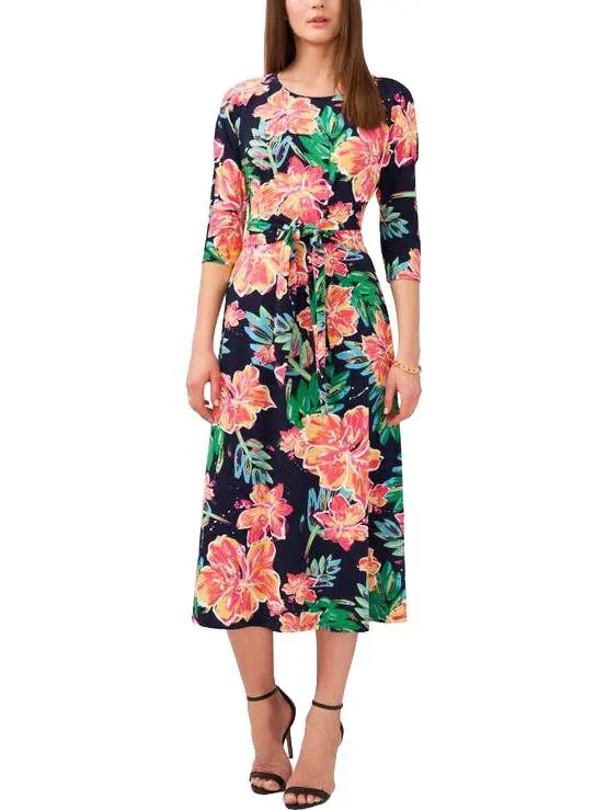 Chaus Floral Tie-waist Midi Dress - Navy/lime/tangerine