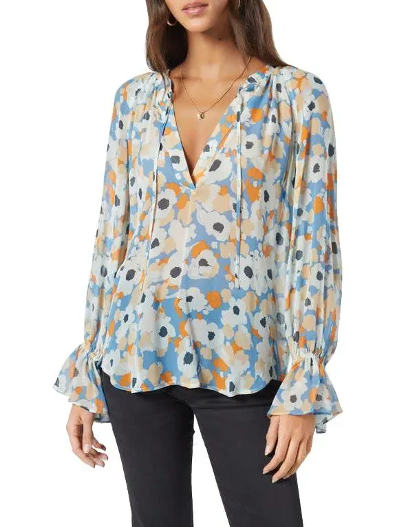 Joie Cecarina Floral Print Silk Popover Blouse - Persimmon Blue Multi