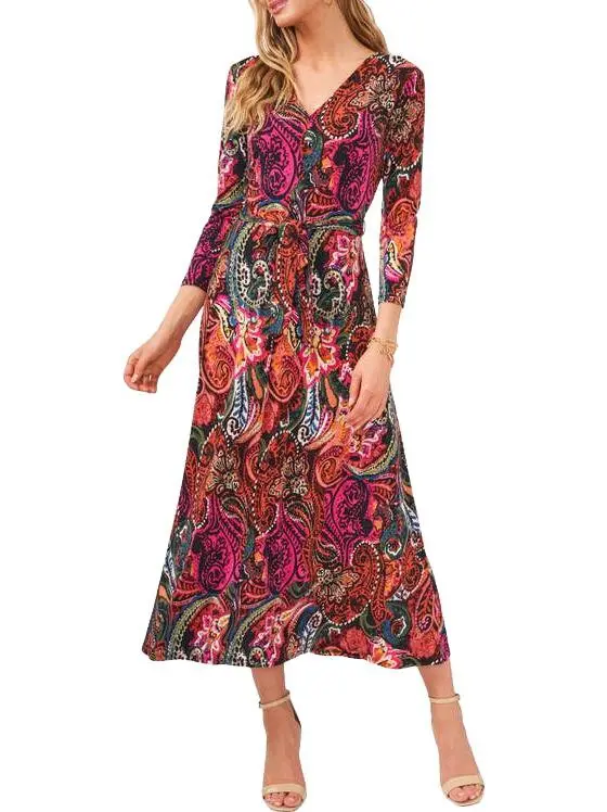 Chaus V-neck Tie Waist Midi Dress - Black/fuschia/rust