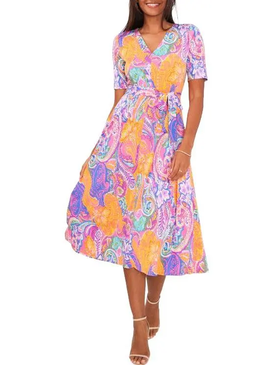 Chaus V-neck Belted Midi Dress - Fuschia/aqua/multi
