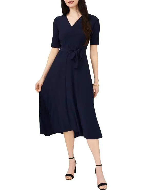 Chaus V-neck Belted Midi Dress - Navy