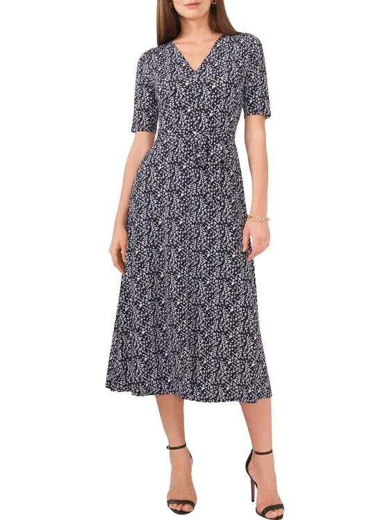 Chaus V-neck Belted Midi Dress - Navy/white