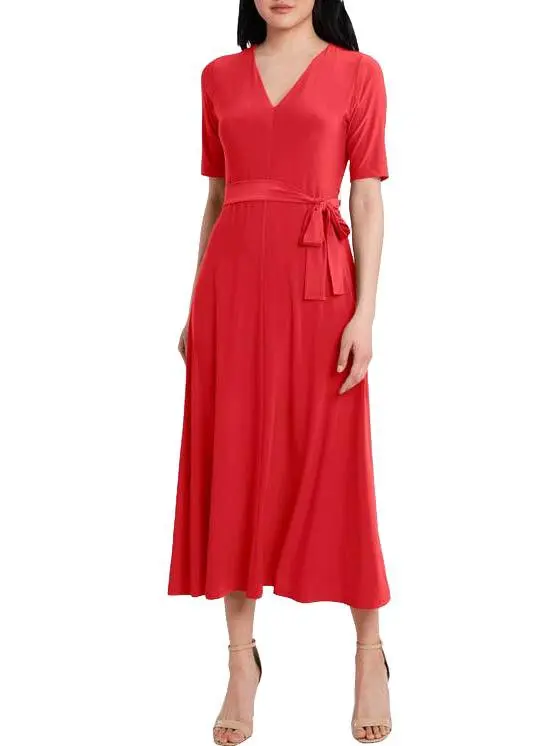 Chaus V-neck Belted Midi Dress - Red