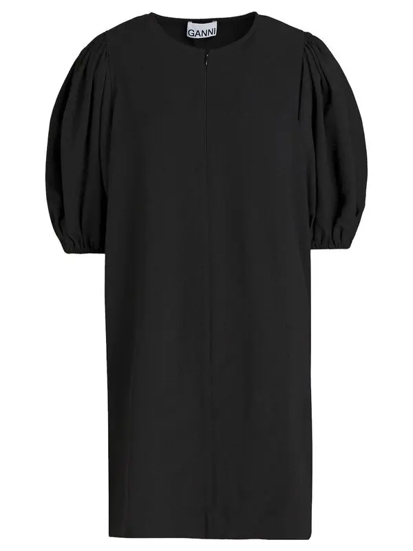 GANNI Crepe Mini Dress With Gathered Sleeves - Black