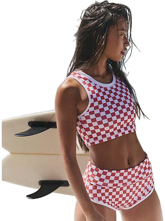 SALT GYPSY Crop Surf Top - Chilli Checkers