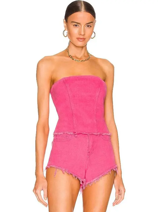 Superdown Strapless Denim Corset Top With Frayed Hem - Pink