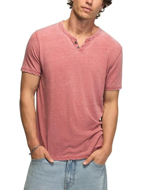 Lucky Brand Venice Button Neck Cotton Blend T-shirt - Mauvewood