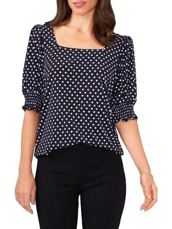 Chaus Square Neck Blouse With Smocked Sleeves - Navy/white