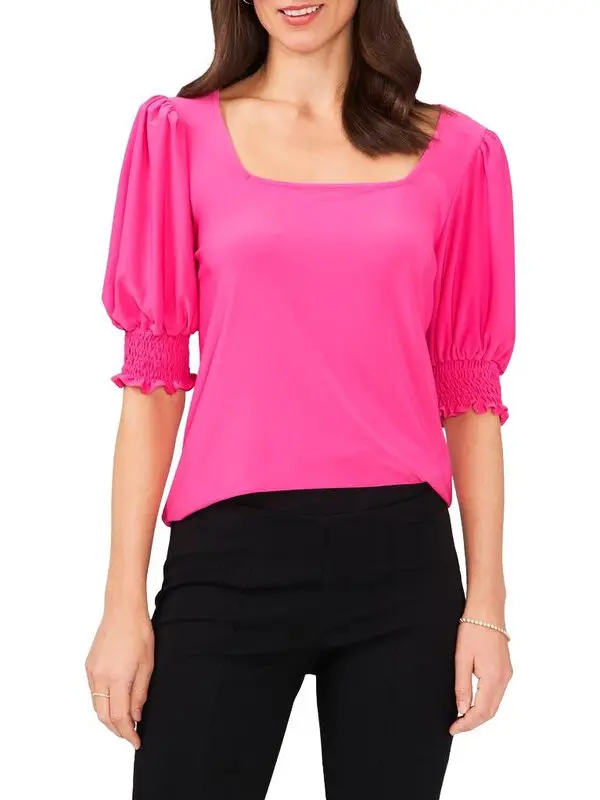 Chaus Square Neck Blouse With Smocked Sleeves - Rose Pink