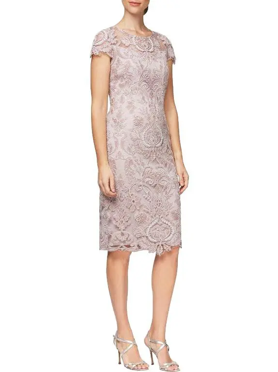 Alex Evenings Embroidered Mesh Cocktail Sheath Dress - Rose