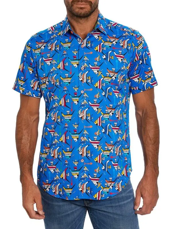 Robert Graham Gone Fishing Stretch Print Short Sleeve Button-up Shirt - Blue