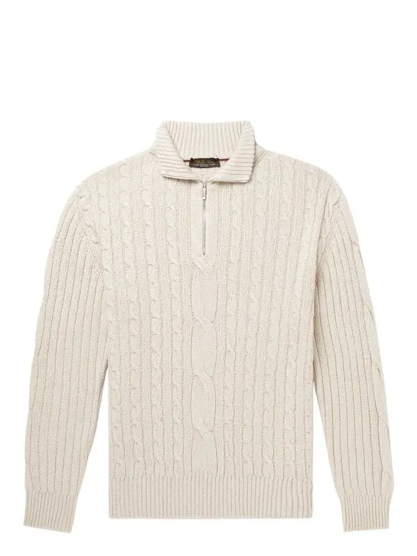 Loro Piana Cable-knit Baby Cashmere And Linen-blend Half-zip Sweater - Neutrals