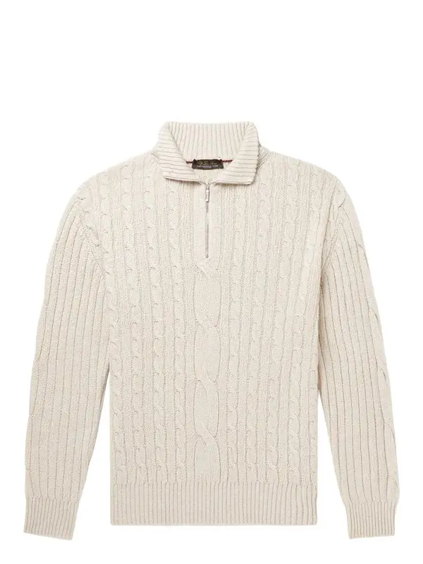Loro Piana Cable-knit Baby Cashmere And Linen-blend Half-zip Sweater - Neutrals