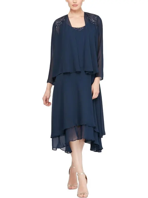 SL FASHIONS Beaded Chiffon Dress With Jacket - Navy