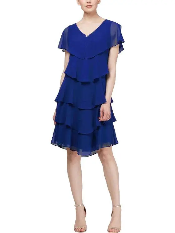 SL FASHIONS Georgette Tiered Dress - Cobalt