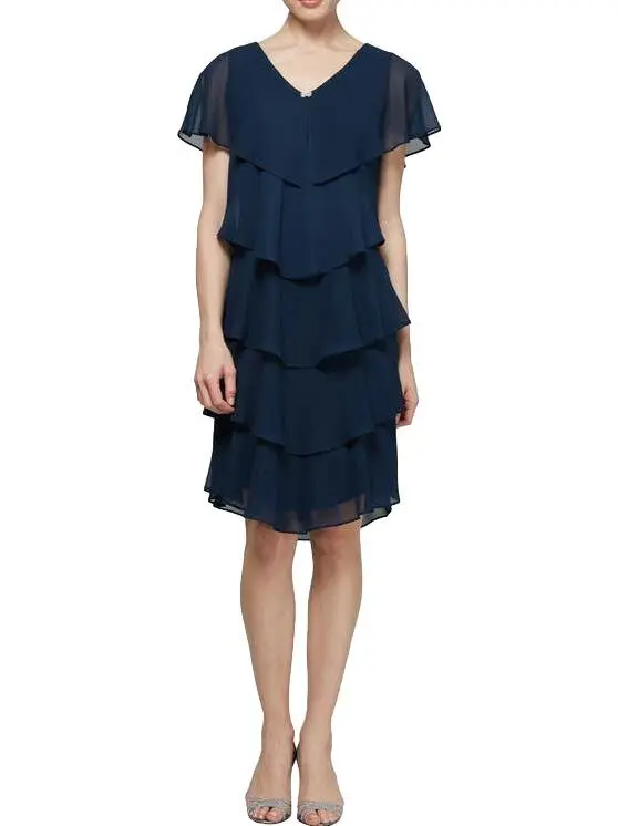 SL FASHIONS Georgette Tiered Dress - Navy