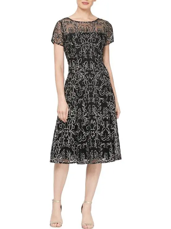 SL FASHIONS Sheer Yoke Soutache Midi Dress - Bki