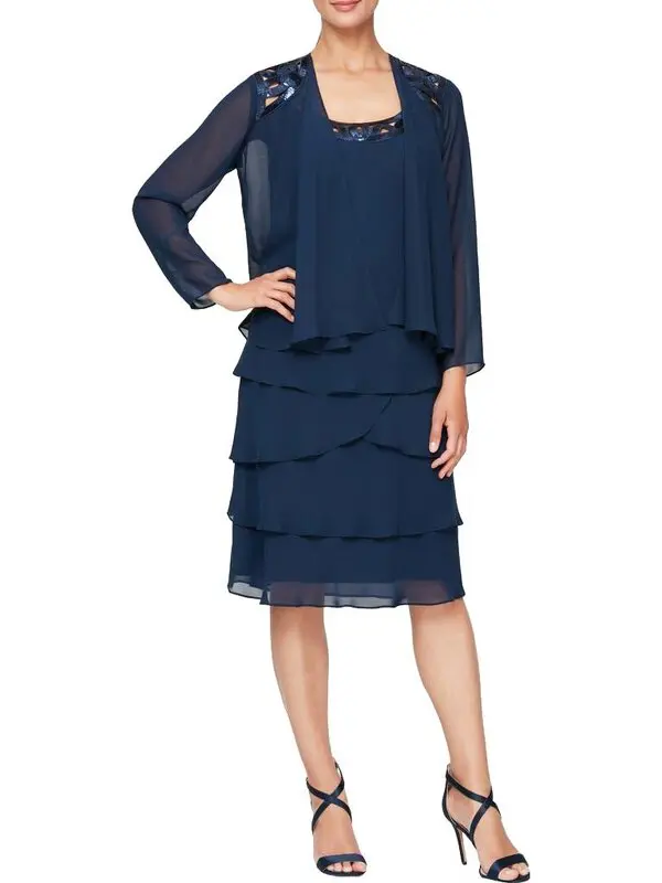 SL FASHIONS Sequin Chiffon Jacket Dress - Deep Navy