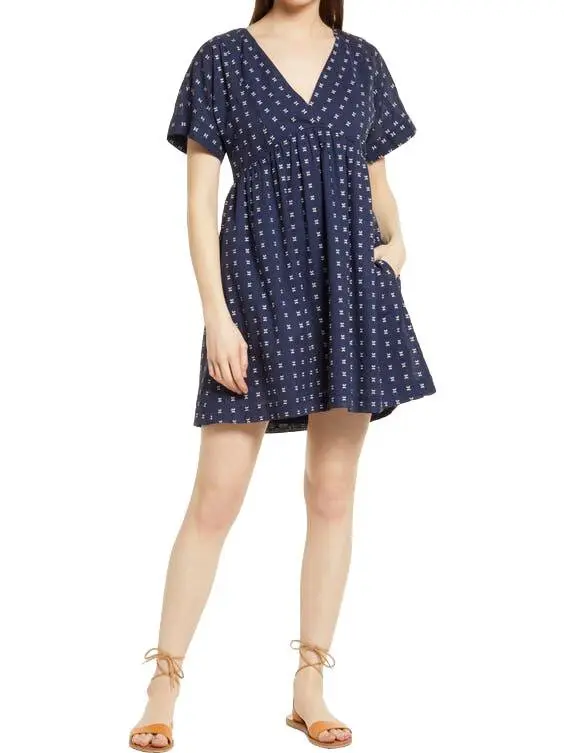 Madewell V-neck Dolman-sleeve Minidress - Blue/ White Dobby