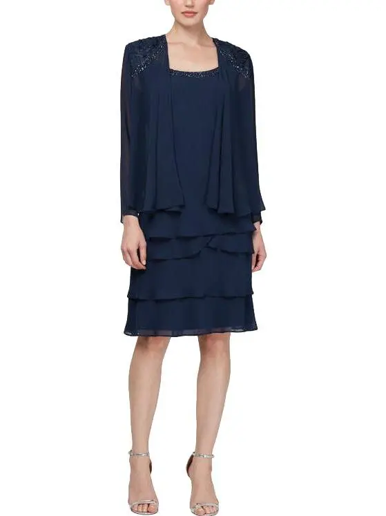 SL FASHIONS Tiered Chiffon Cocktail Dress With Jacket - Navy