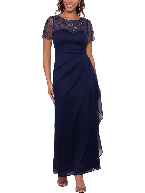 XSCAPE EVENINGS Beaded Chiffon Gown - Navy