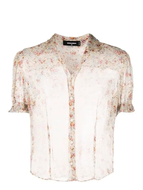Dsquared2 Sheer Puff-sleeve Floral-print Shirt - Neutrals