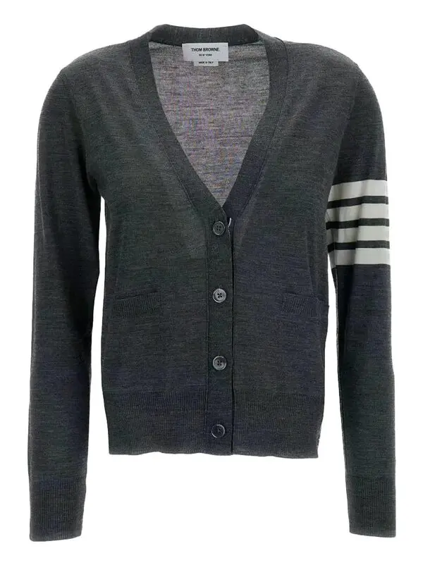 Thom Browne Merino Wool Cardigan With Signature 4-bar Stripe - Grey