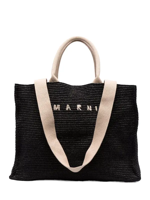 Marni Logo-embroidered Raffia Tote Bag - Black
