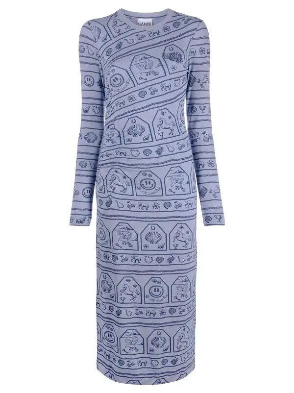 GANNI Zodiac Logo-print Stretch-jersey Dress - Blue