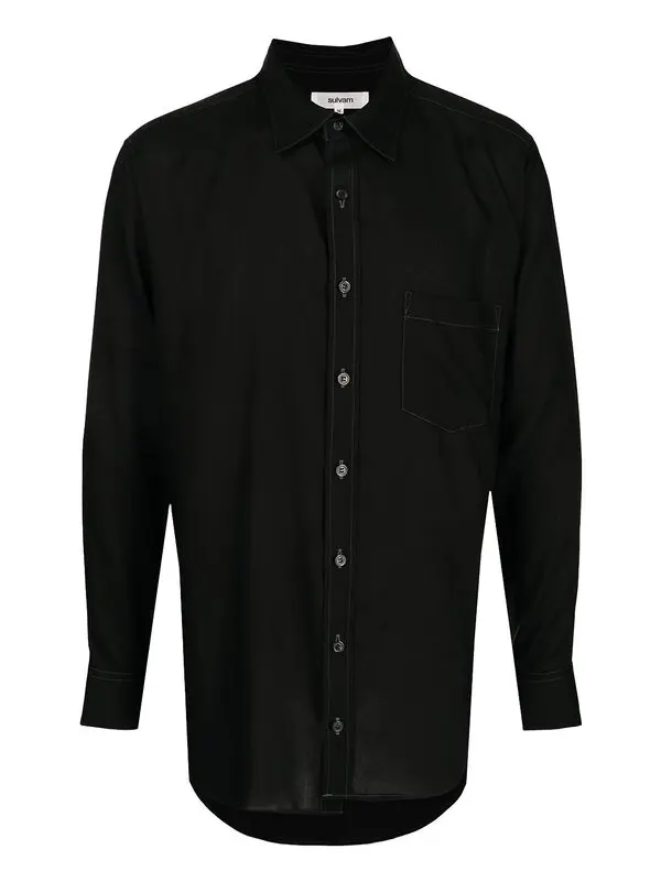 SULVAM Contrast-stitch Long-sleeve Shirt - Black