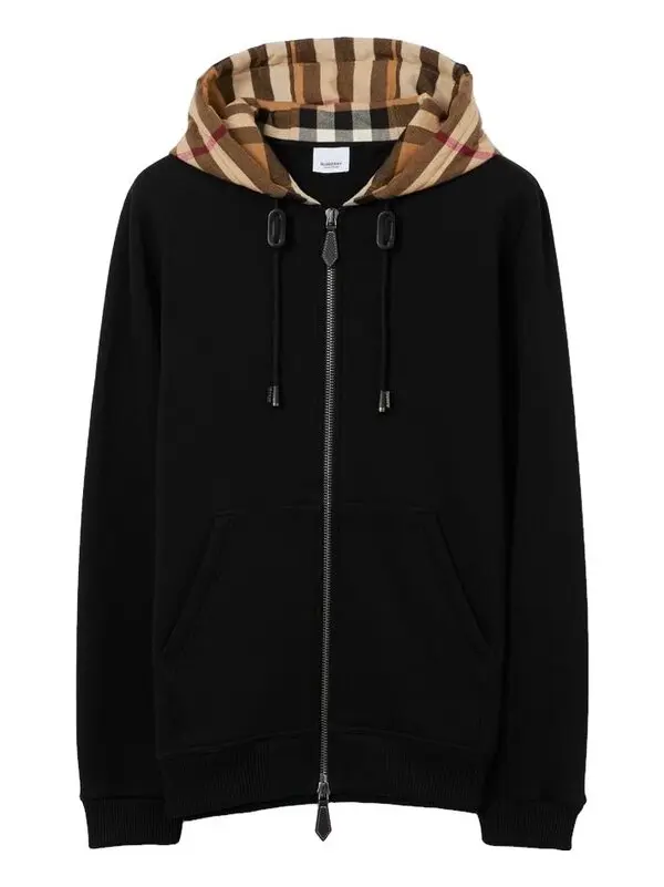 Burberry Check Hood Cotton-blend Zip Hoodie - Black/birch Brown