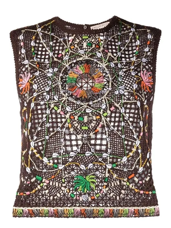 Emilio Pucci Cyprea Embroidered Crochet Blouse - Brown