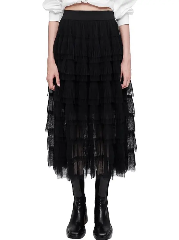 Maje Josepha Tiered Tulle Skirt - Black