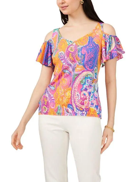 Chaus V-neck Cold Shoulder Top - Pink/mango/violet