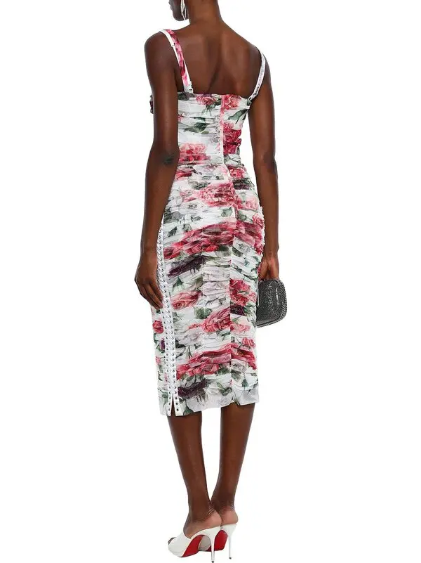 Dolce & Gabbana Ruched Floral-print Cotton And Silk-blend Mesh Midi Dress - White