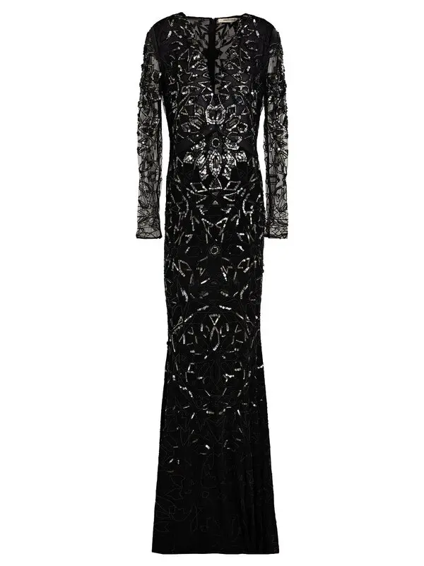 Roberto Cavalli Tulle Paneled Embellished Jersey Gown - Black