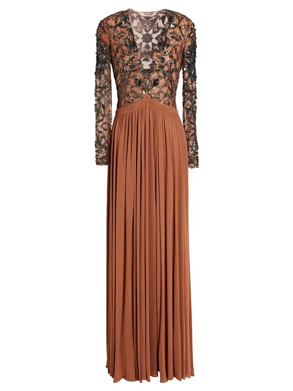 Roberto Cavalli Embellished Tulip-paneled Pleated Knitted Maxi Dress - Light Brown