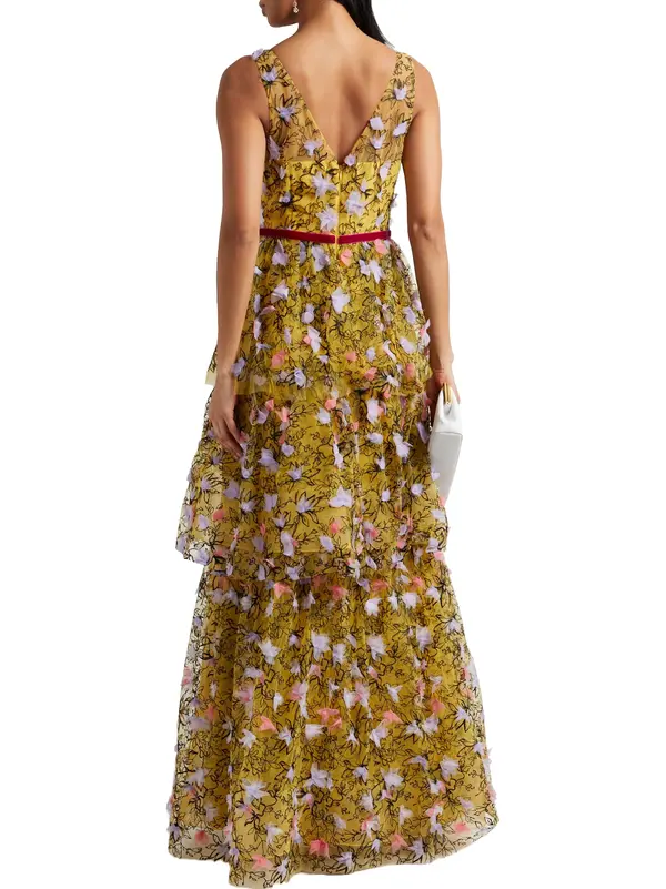 Marchesa Tiered Embellished Tulle Gown - Mustard