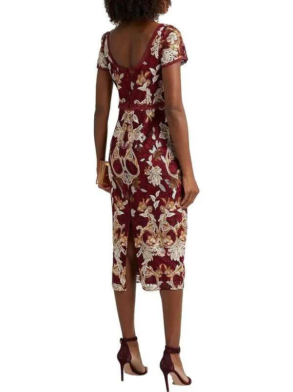 Marchesa Embroidered Tulle Midi Dress - Claret