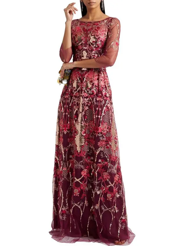 Marchesa Gathered Embellished Tulle Gown - Plum