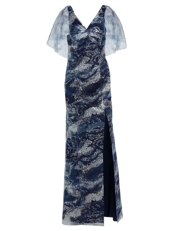Marchesa Twist-front Glittered Printed Tulle Gown - Navy