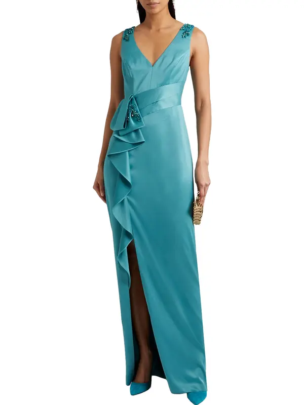 Marchesa Embellished Ruffled Satin-crepe Gown - Teal