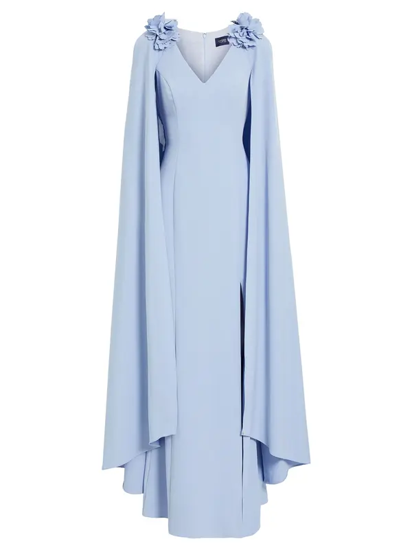 Marchesa Cape-effect Floral-appliquéd Gown - Light Blue