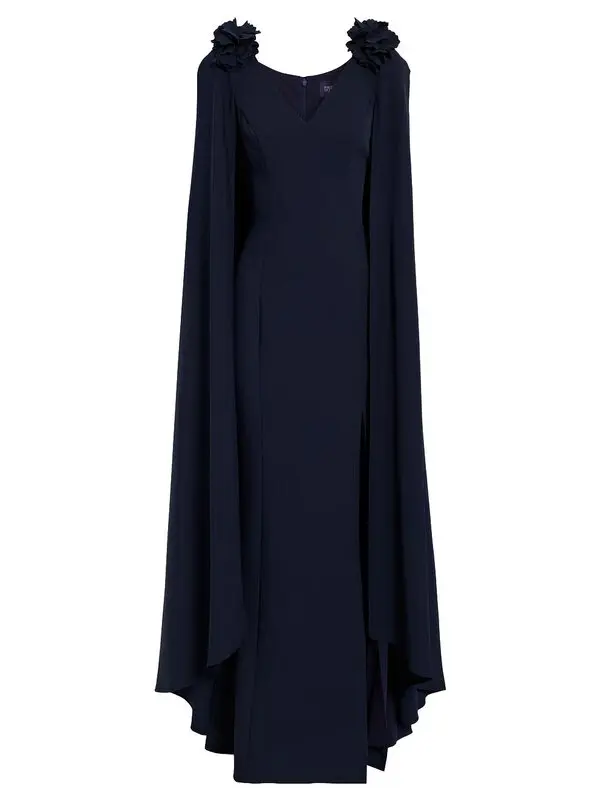 Marchesa Cape-effect Floral-appliquéd Cady Gown - Navy