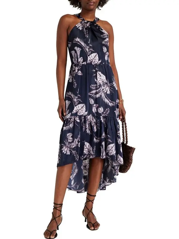 Marchesa Gathered Printed Satin Midi Dress - Navy