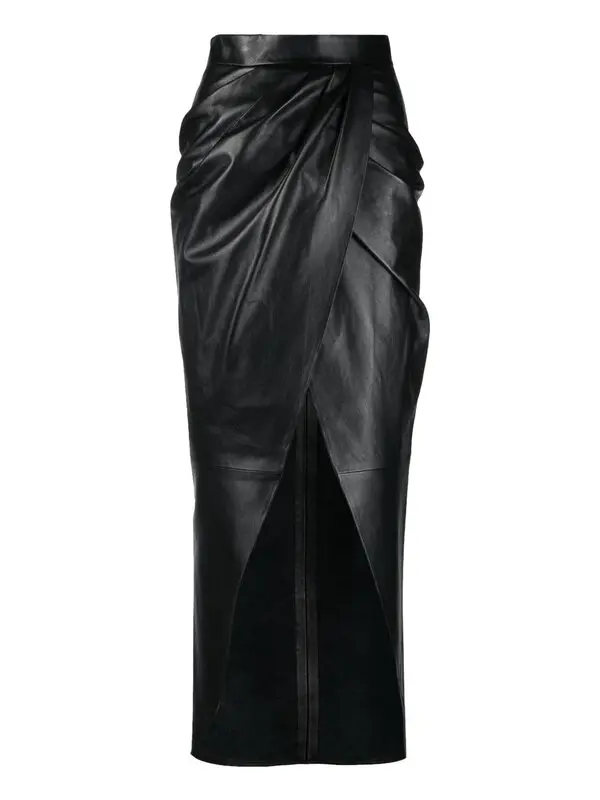 Balmain Draped Leather Wrap Skirt - Black