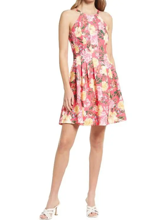 Vince Camuto Floral Fit & Flare Scuba Dress - Hot Pink